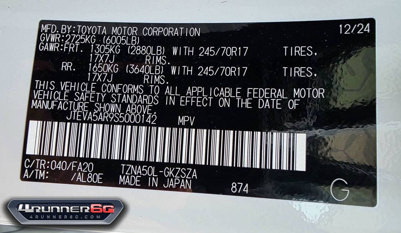 Door Jamb Stickers: Payload Capacity & GVWR Numbers | 2025 4Runner ...